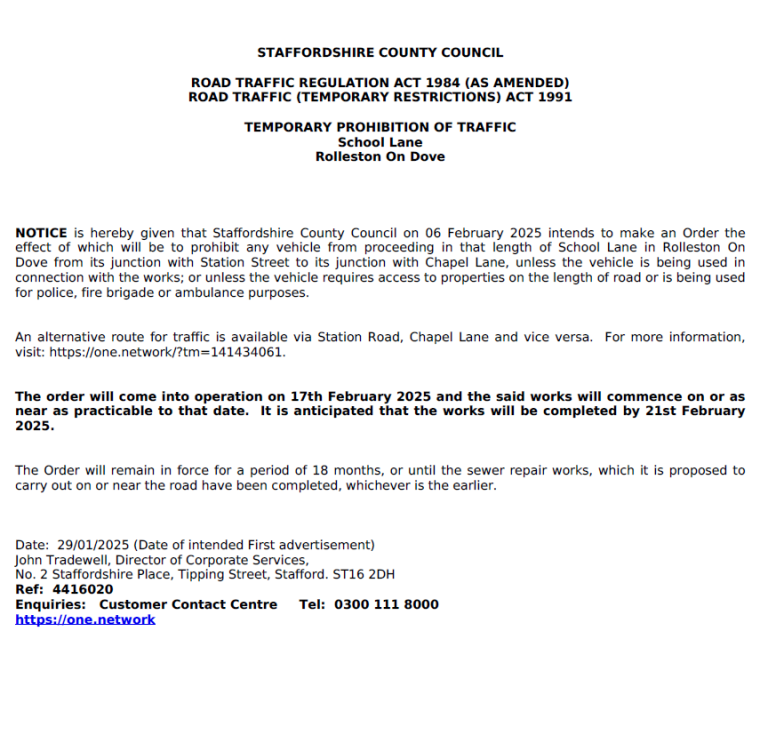 Temporary Traffic Notice Order for road closure of School Lane – 17th ...
